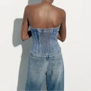 Zara | Tops | Zara Blue Corset Style Denim Tube Top With Back Stretch ...